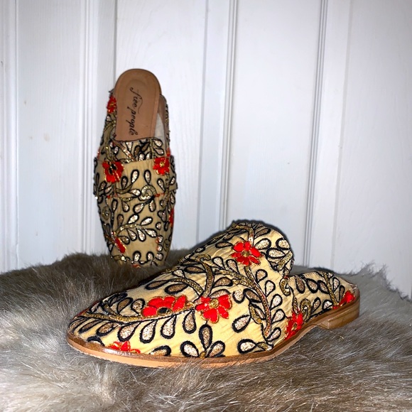 Free People | Shoes | Free People Gold Yellow Red Brocade At Ease Mules ...